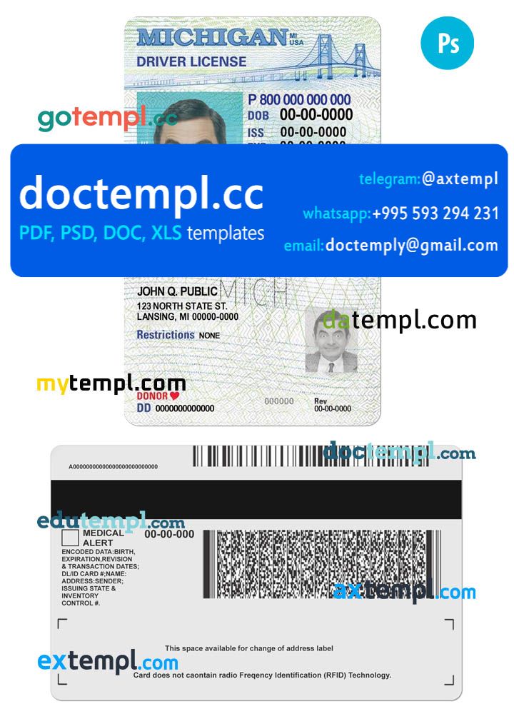 USA Michigan state vertical driving license editable PSD template, under 21