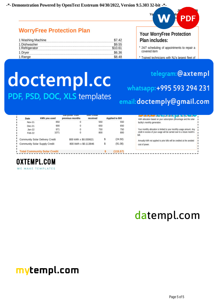 USA New York PSEG utility bill, Word and PDF template, 5 pages