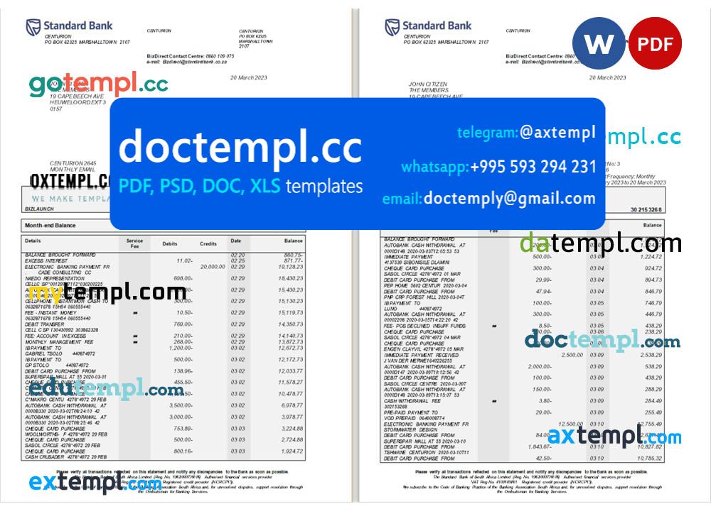 USA Standard Bank statement Word and PDF template, 6 pages