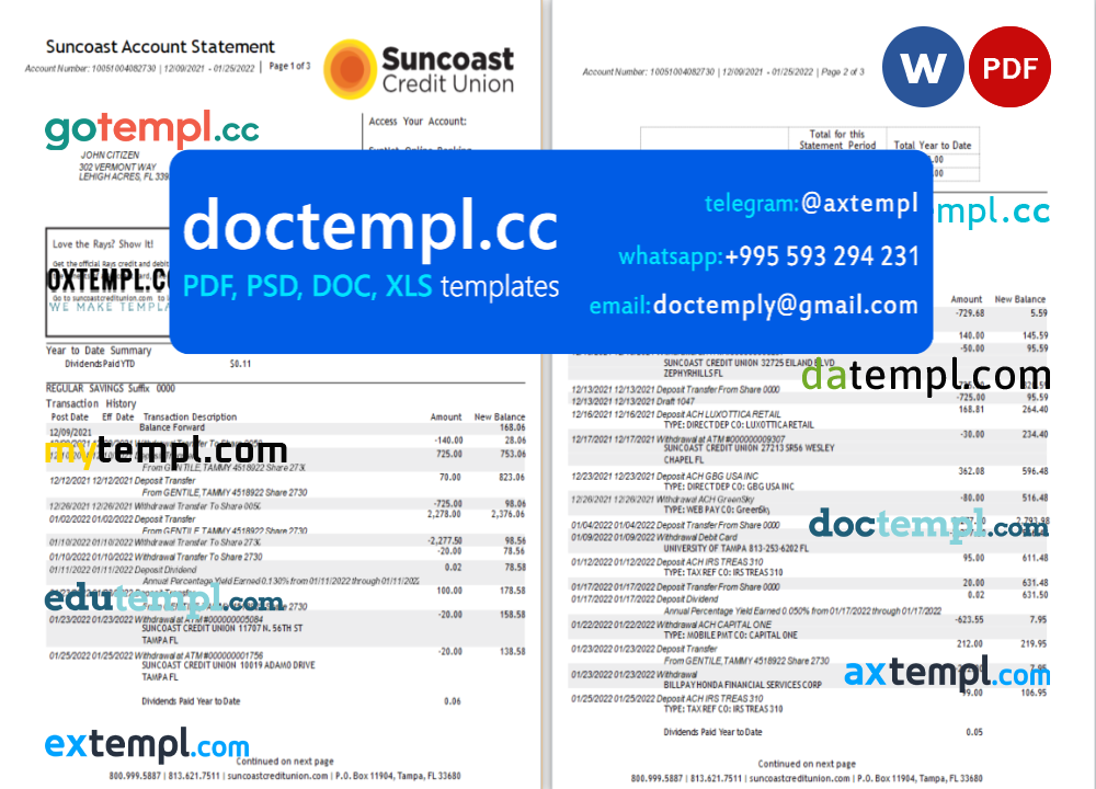 USA Suncoast bank statement Word and PDF template, 3 pages