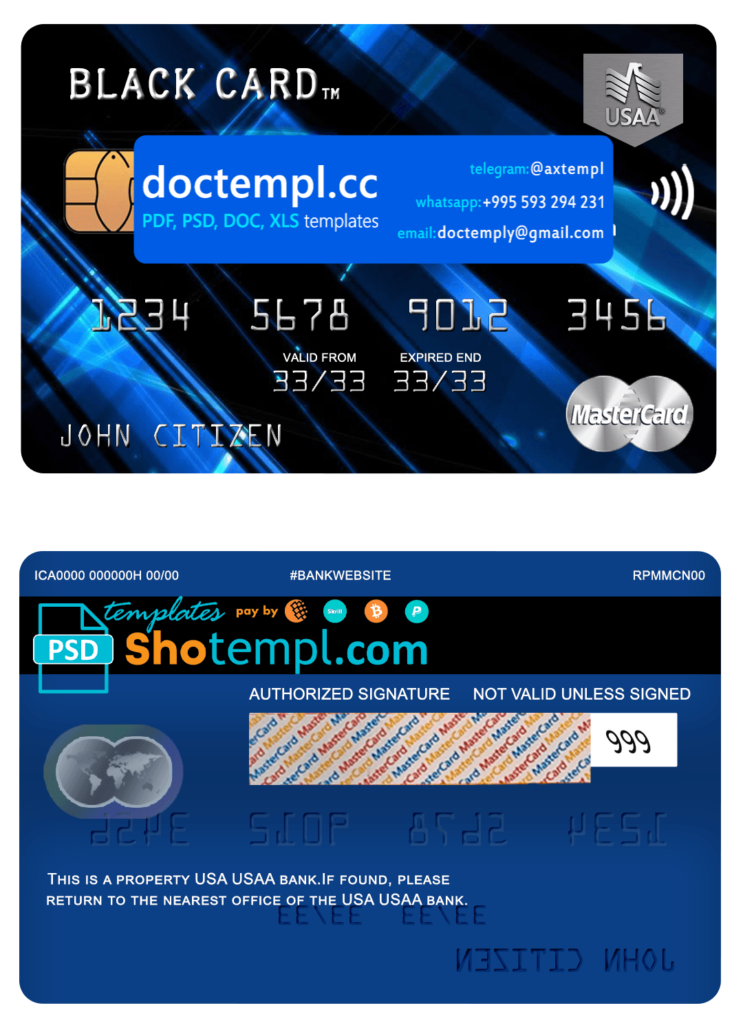 USA USAA bank mastercard, fully editable template in PSD format