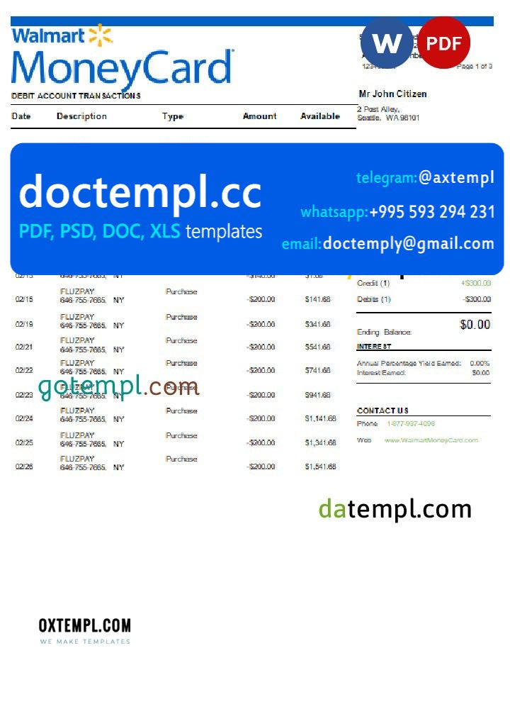 USA Walmart MoneyCard bank statement Word and PDF template, 3 pages