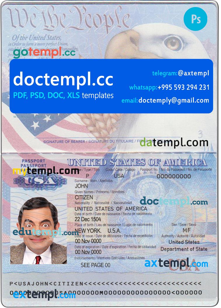 USA passport editable PSD files, scan and photo look templates (2007 ...
