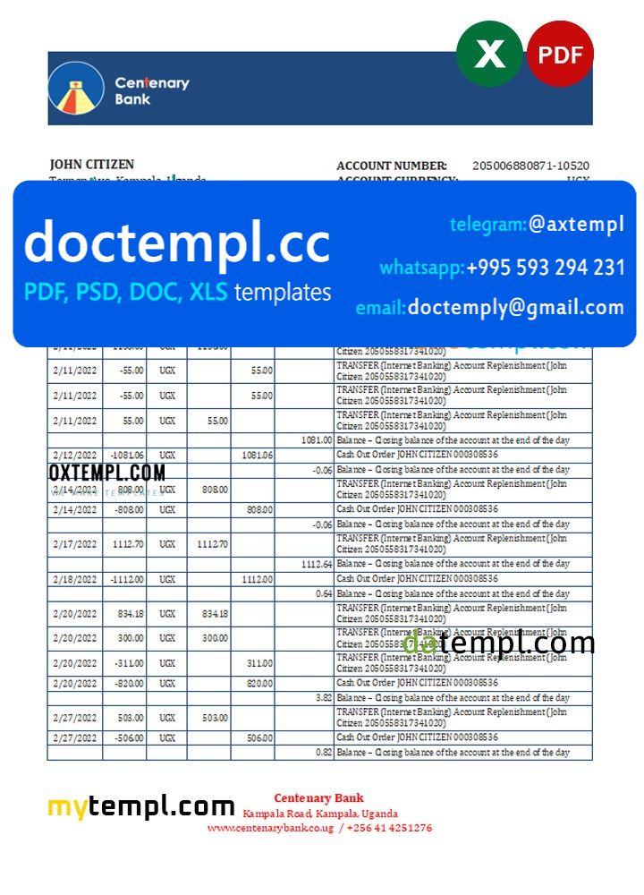 Uganda Centenary bank statement, Excel and PDF template