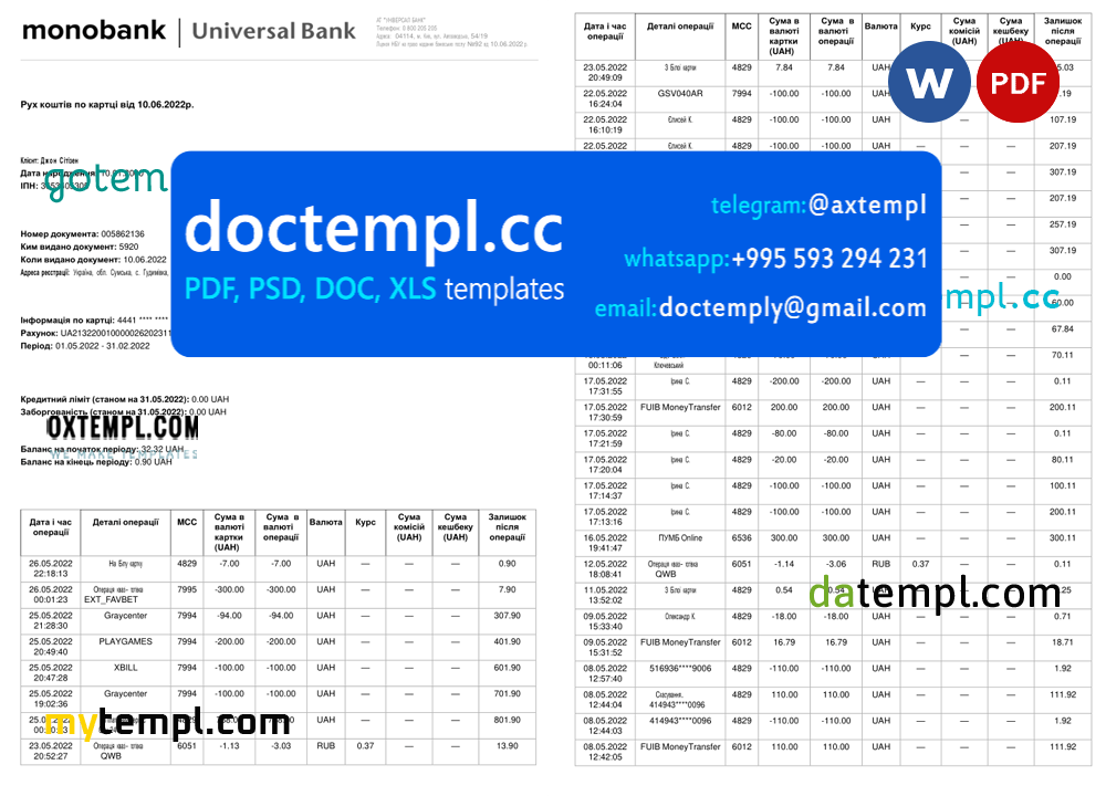 Ukraine Monobank bank statement, Word and PDF template, 3 pages