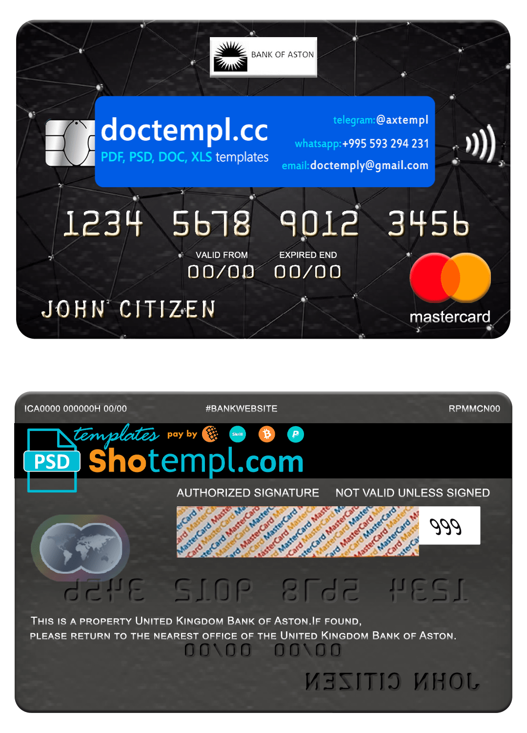 United Kingdom Bank of Aston bank mastercard, fully editable template ...