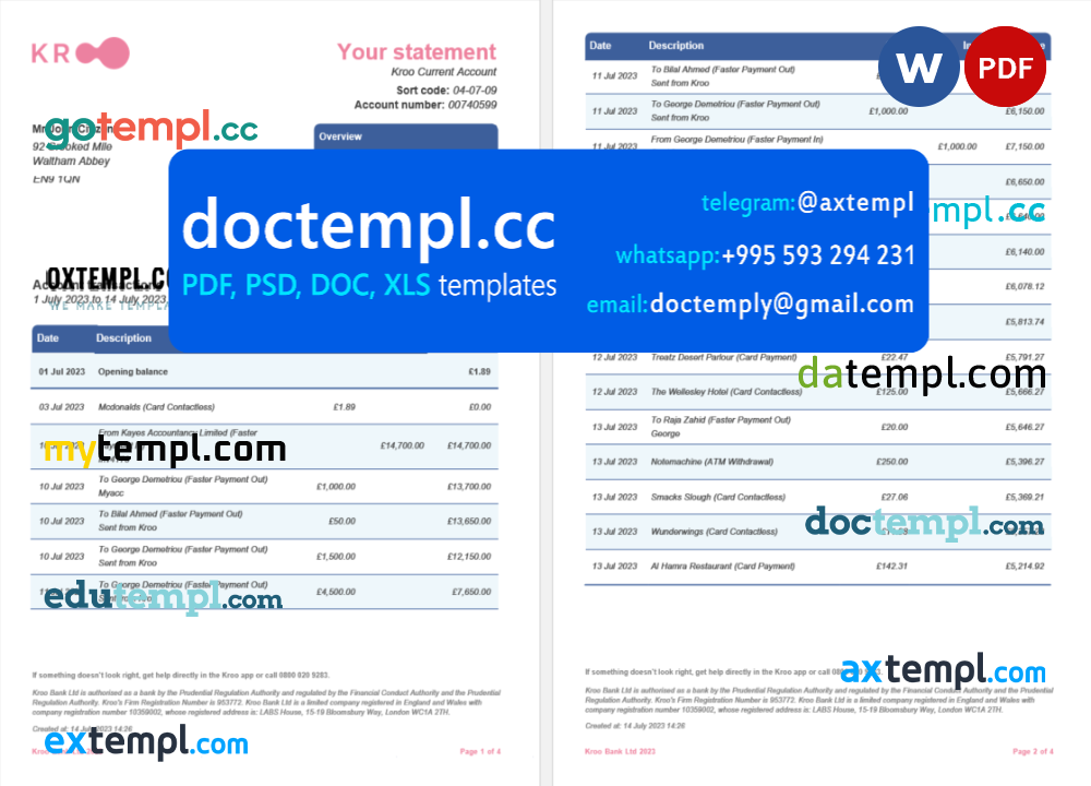United Kingdom Kroo bank statement Word and PDF template, 4 pages