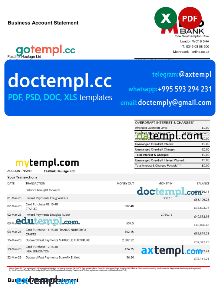 United Kingdom Metro bank statement Excel and PDF template, 4 pages