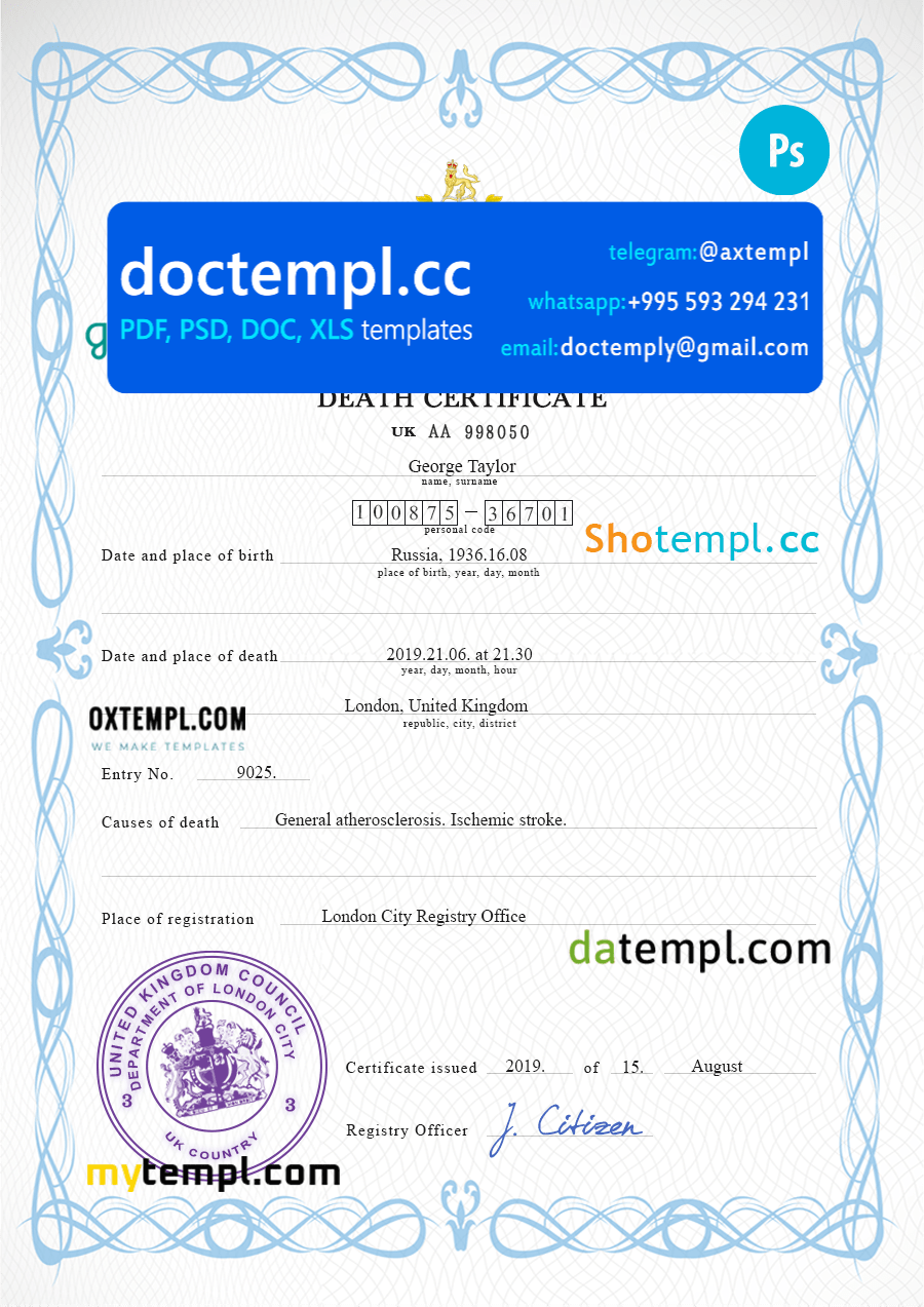 United Kingdom death certificate PSD template, completely editable