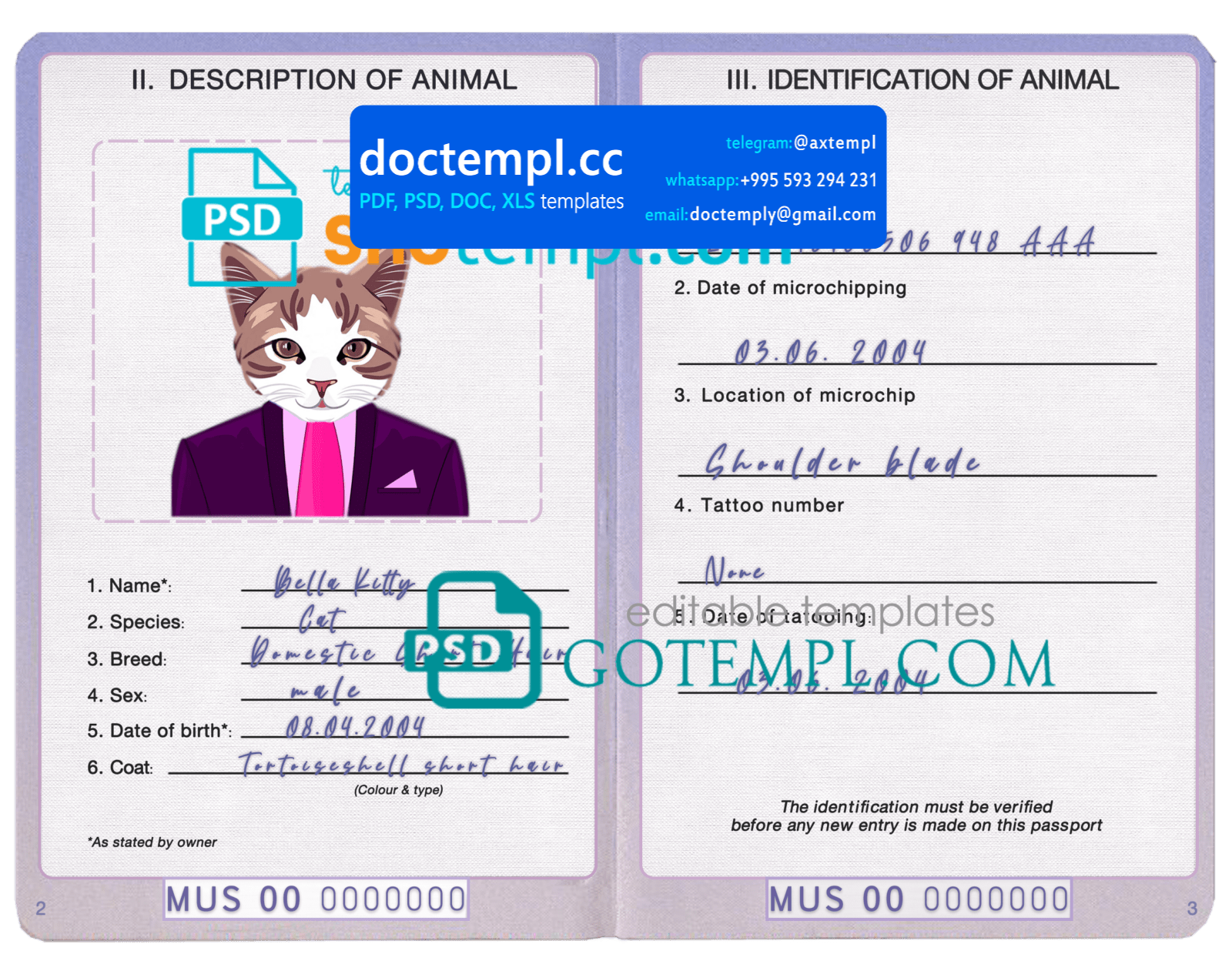 United States of America cat (animal, pet) passport PSD template, fully ...