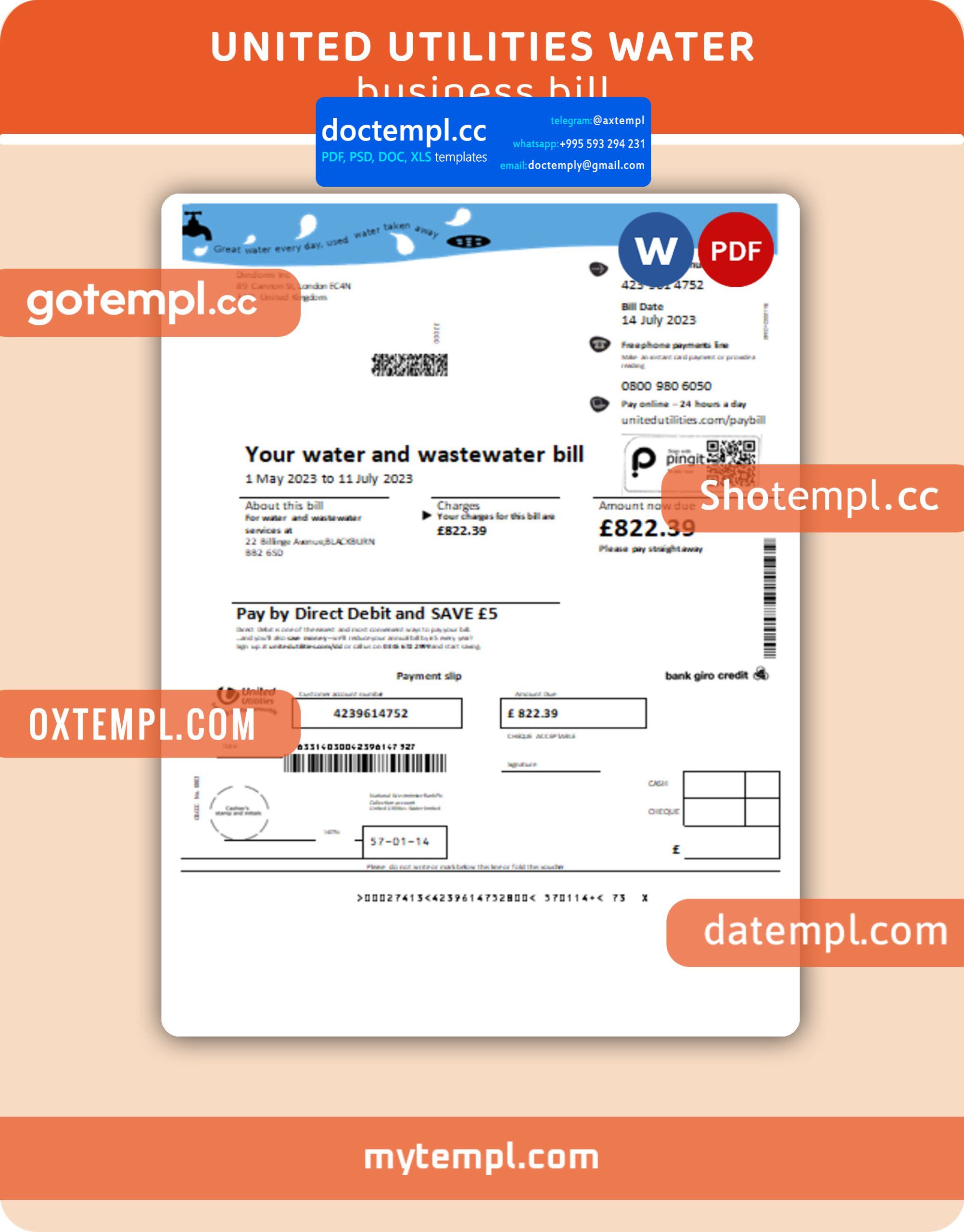 United Utilities water business utility bill, Word and PDF template, 2 ...