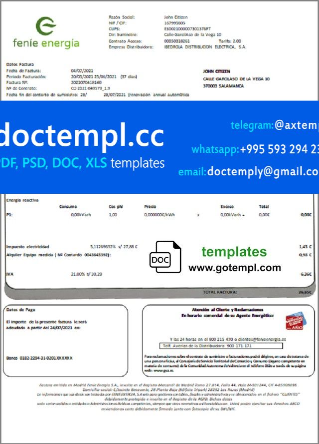 Spain Feníe Energía utility bill template in Word and PDF format