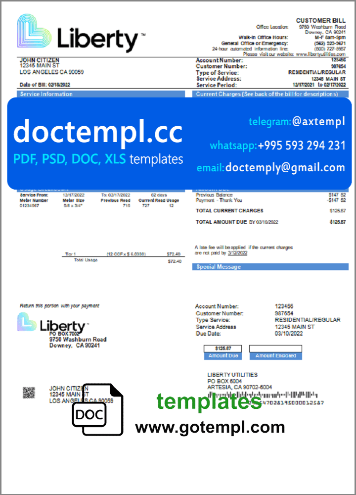USA California Liberty Utilities utility bill template in Word and PDF ...