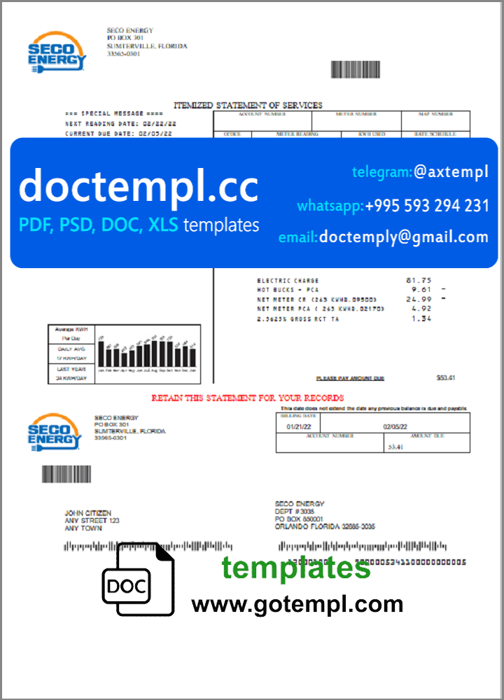 USA Florida Seco Energy utility bill template in Word and PDF format