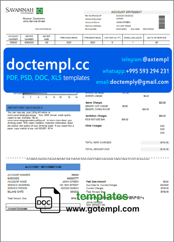 USA Georgia Savannah utility bill template in Word and PDF format