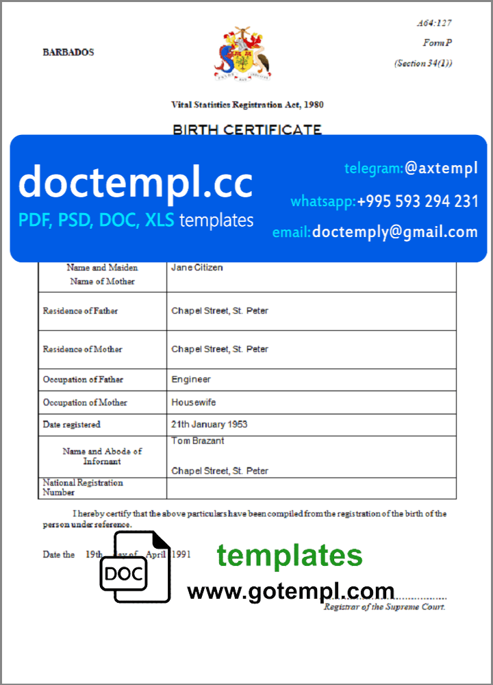 Barbados birth certificate template in Word and PDF format