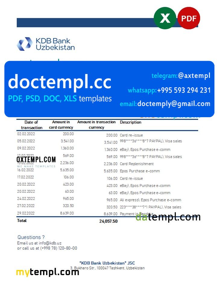 Uzbekistan KDB bank statement, Excel and PDF format – doctempl.cc