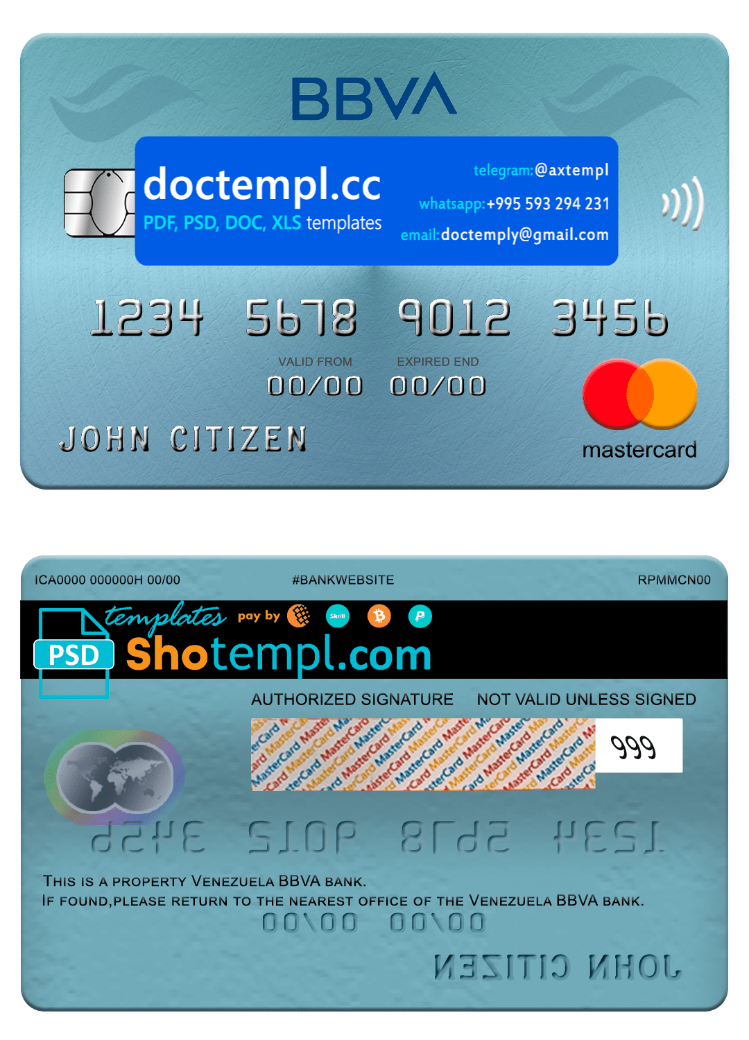 Venezuela BBVA bank mastercard, fully editable template in PSD format ...