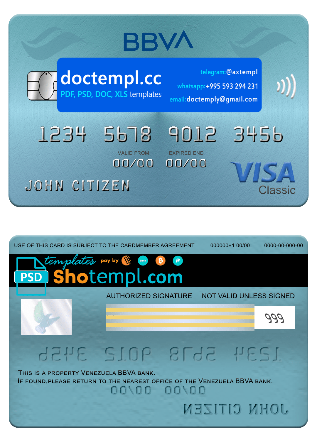 Venezuela BBVA bank visa classic card, fully editable template in PSD ...