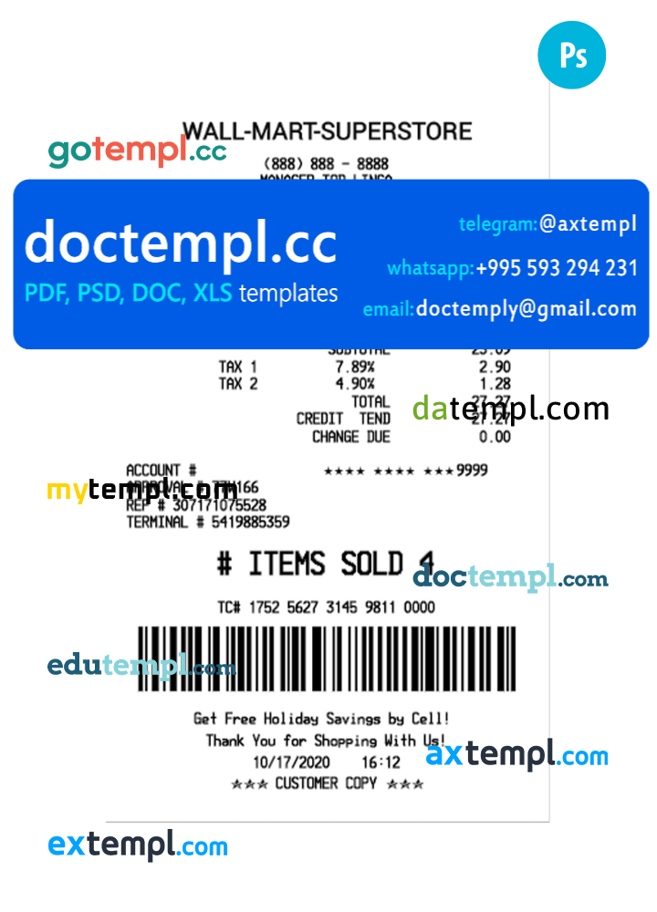 WALL-MART-SUPERSTORE payment receipt PSD template