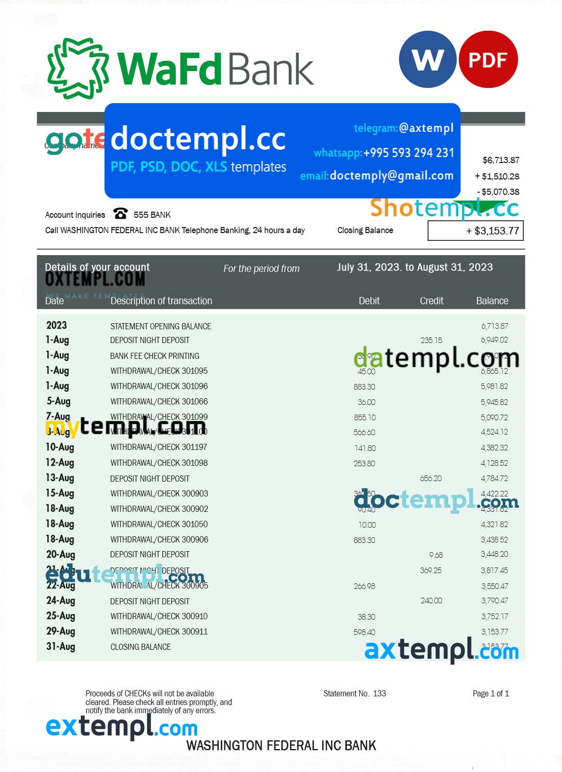 Washington Federal Inc Bank business checking account statement Word ...