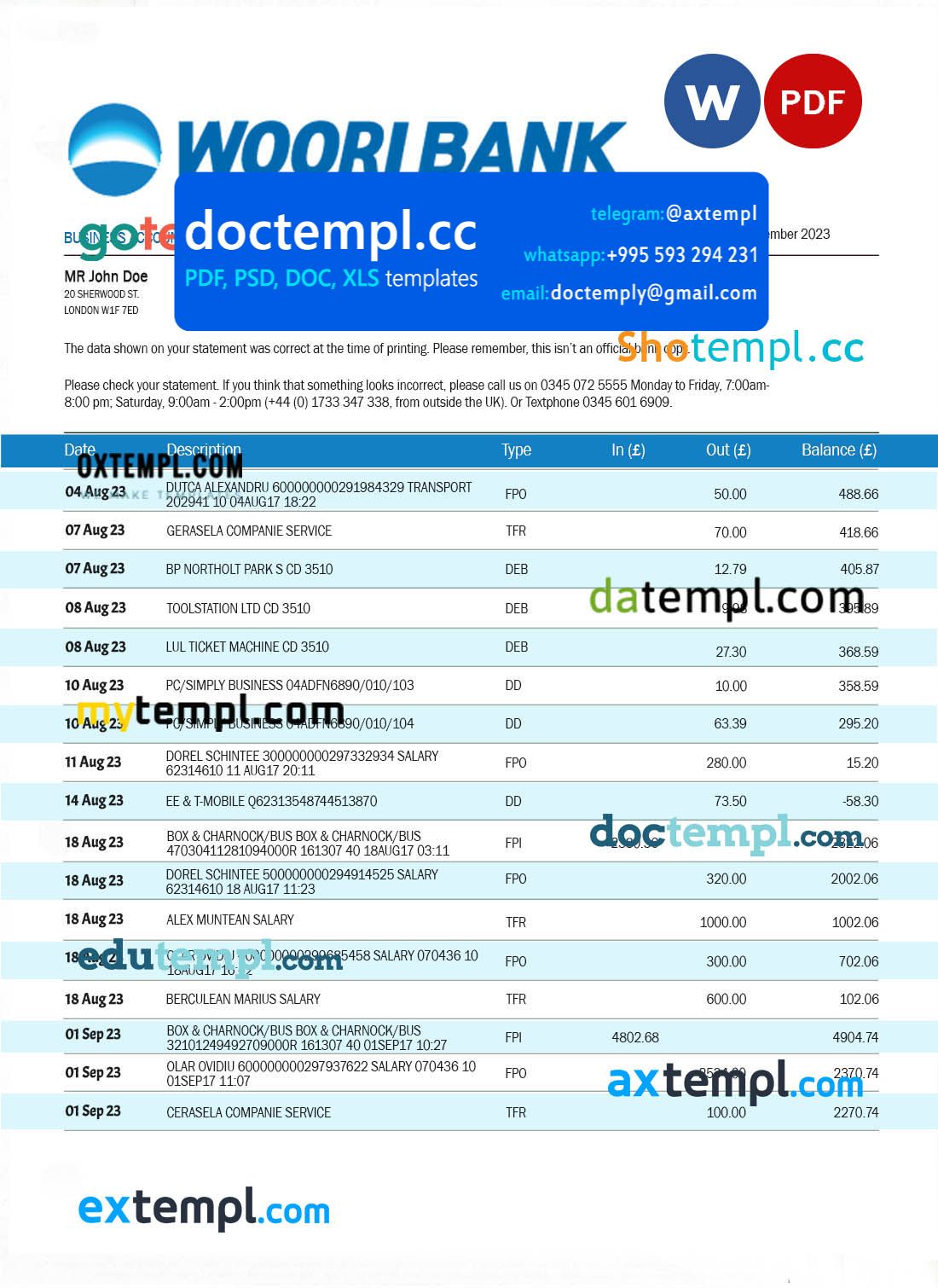 Woori Bank business statement Word and PDF template