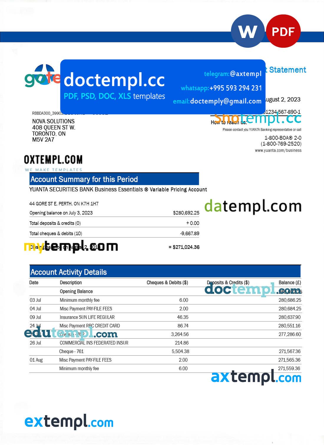 Yuanta Securities Bank organization account statement Word and PDF template