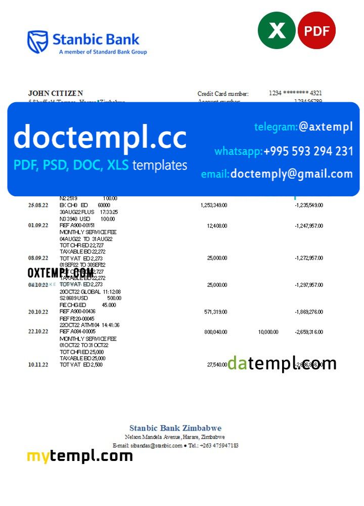 Zimbabwe Stanbic bank statement, Excel and PDF template
