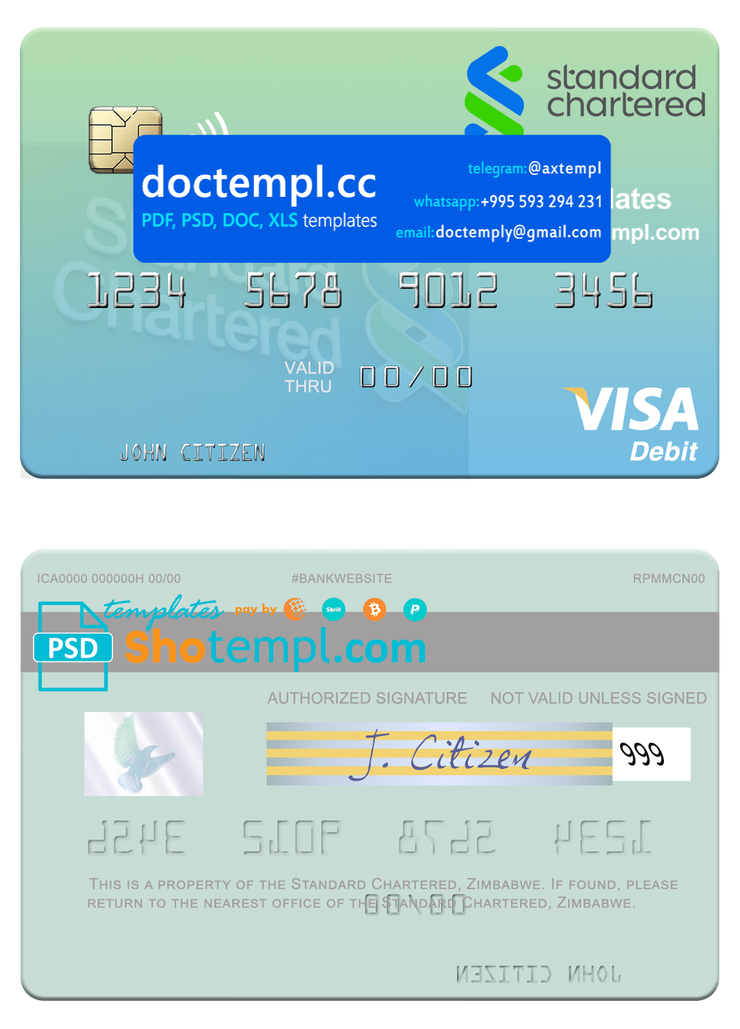 Zimbabwe Standard Chartered visa card fully editable template in PSD format