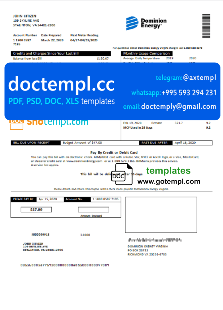 USA Dominion Energy utility bill template in Word and PDF format