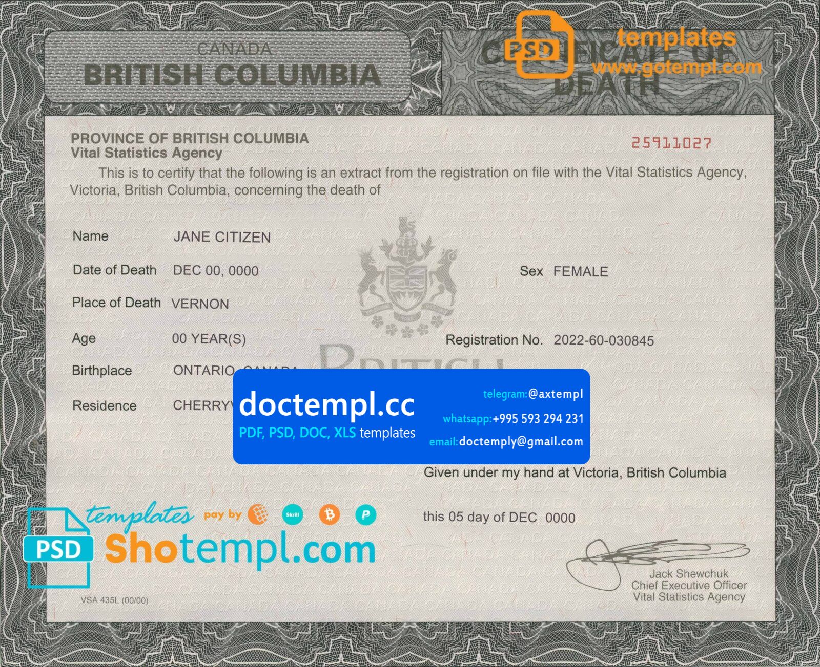 Canada British Columbia death certificate template in PSD format
