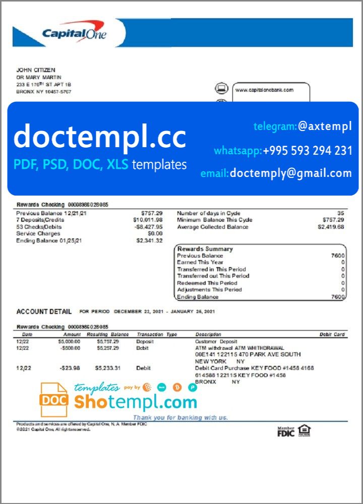 USA Capital One bank statement template in Word and PDF format, version 4