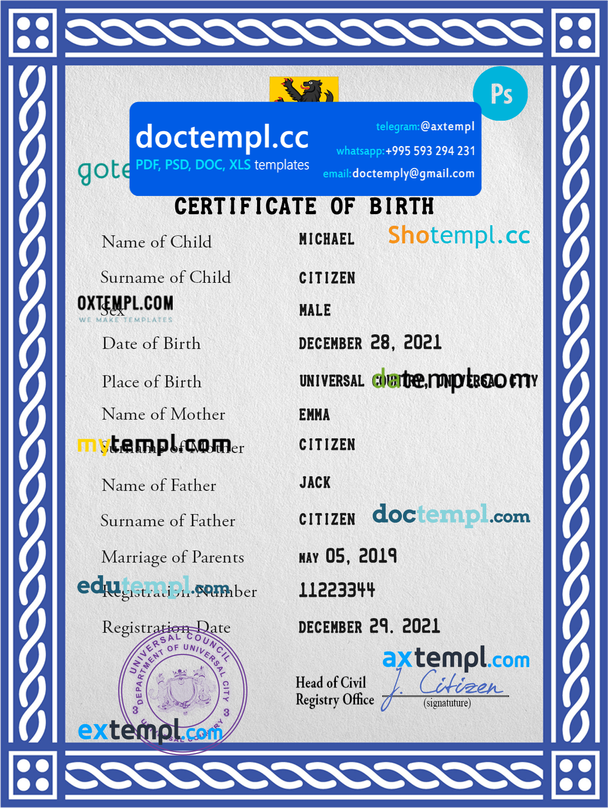 # certificatetastic universal birth certificate PSD template, fully ...