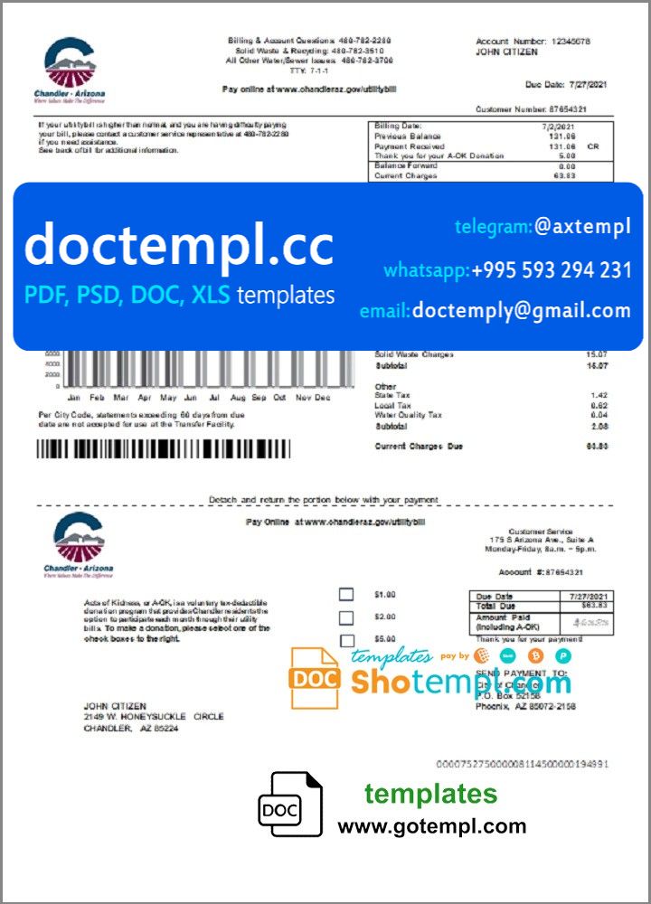 USA Arizona Chandler Utilities bill template in Word and PDF format