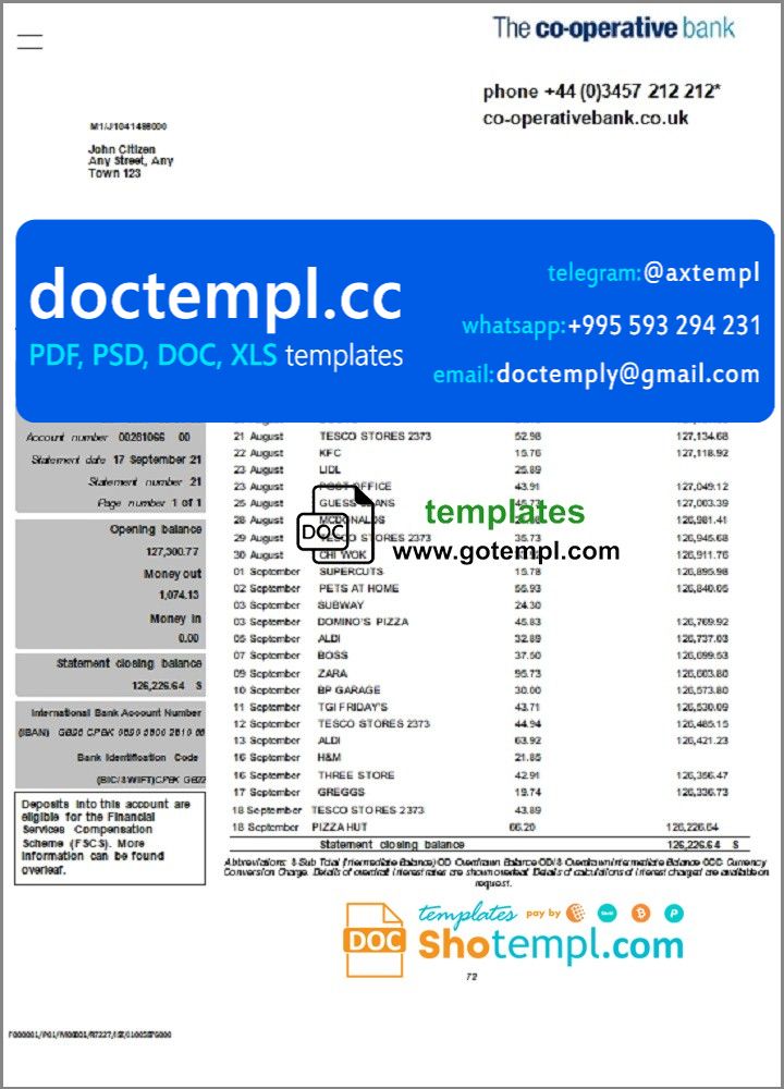 United Kingdom The Co-operative bank statement in Word and PDF format