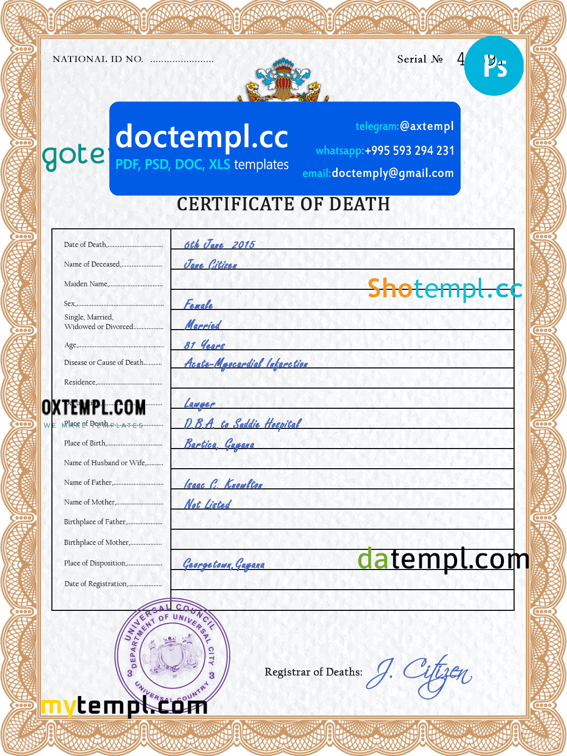 # coat push death universal certificate PSD template, completely editable