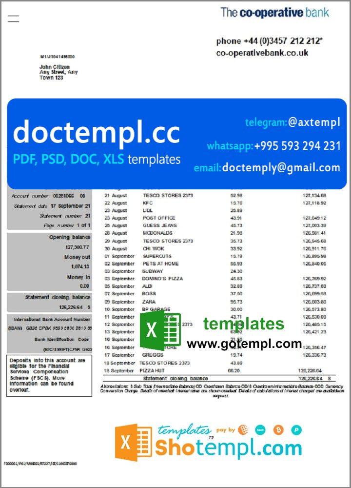 United Kingdom The Co-operative bank statement in Excel and PDF format