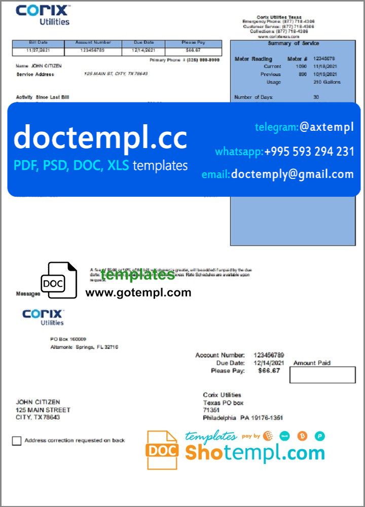 USA Corix Utilities bill template in Word and PDF format