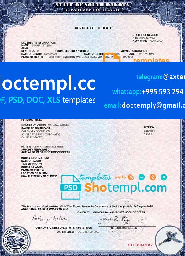 USA South Dakota state death certificate template in PSD format, fully editable