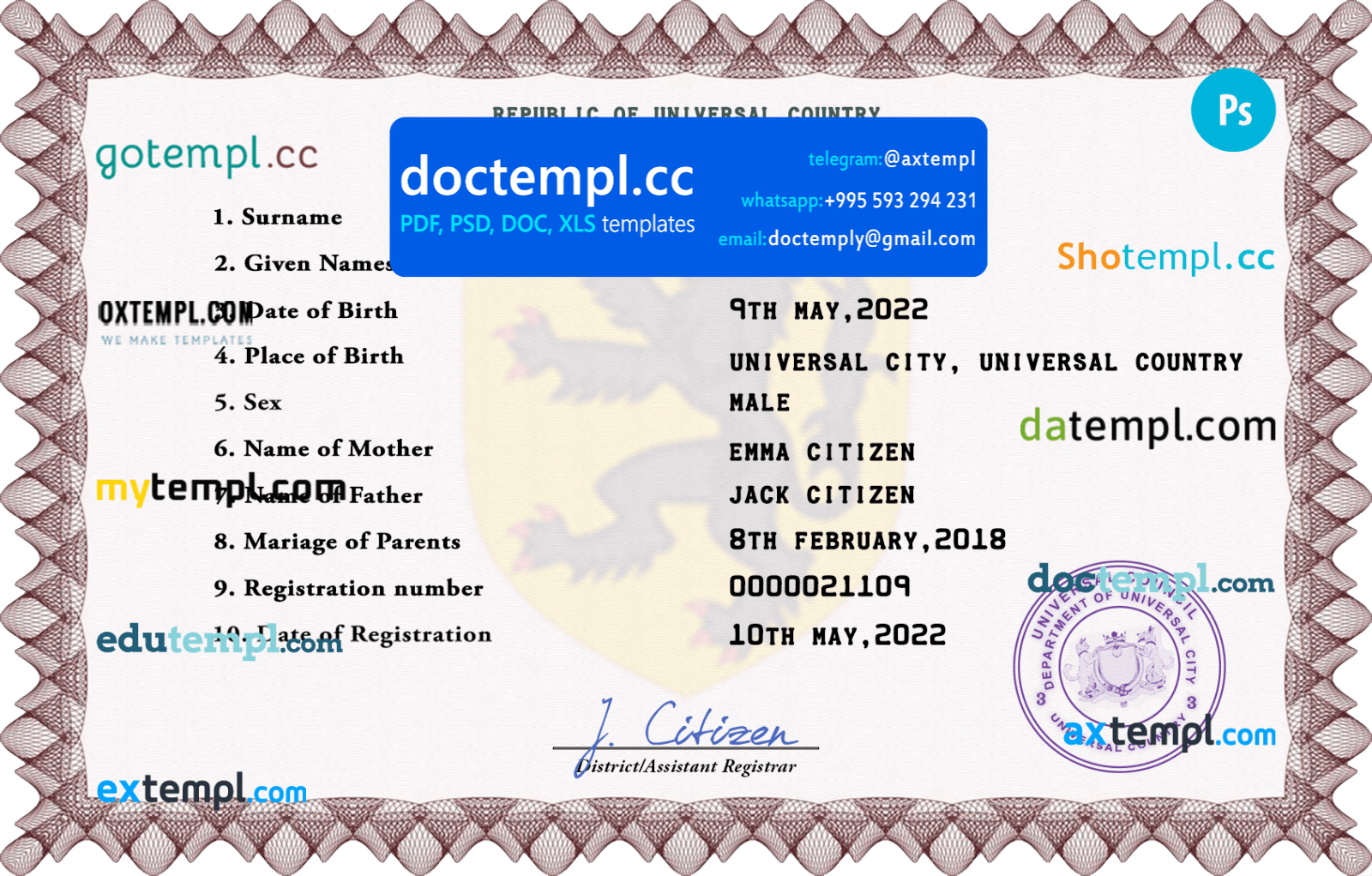 # discover universal birth certificate PSD template, fully editable