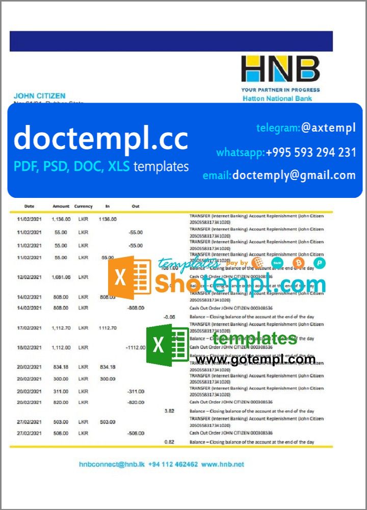 Sri Lanka Hatton National Bank statement template in Excel and PDF format