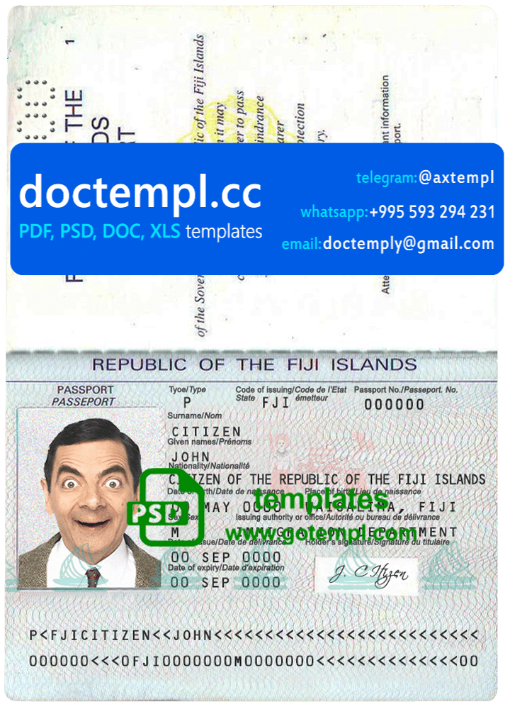 Fiji passport template in PSD format, with fonts
