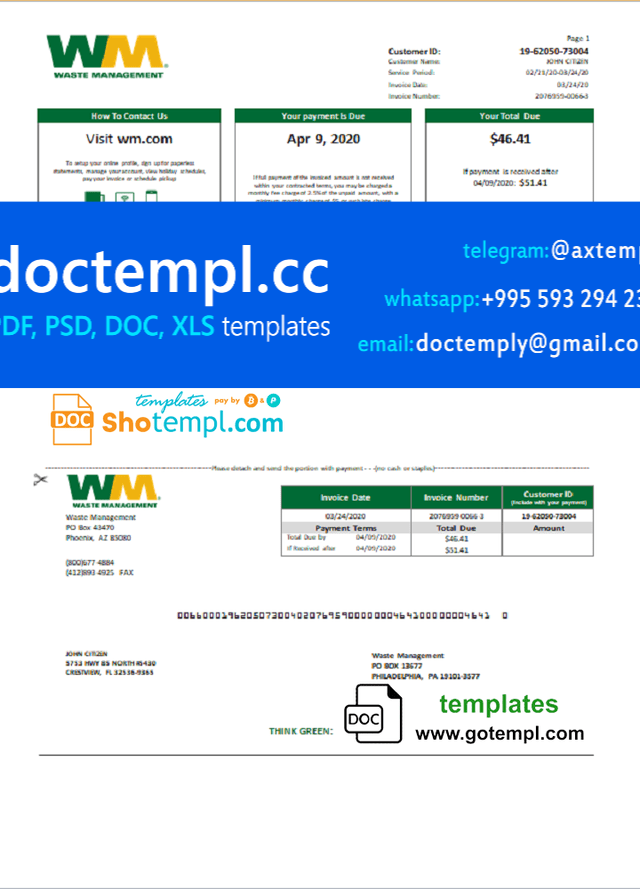 USA Waste Management bank statement template in Word and PDF format ...