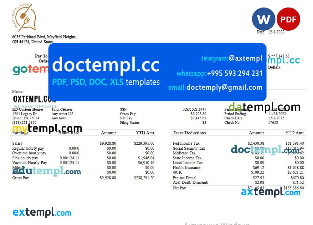 food company earning statement template in Word and PDF formats
