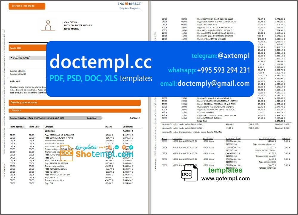 Spain ING Direct bank statement template in Word and PDF format, 3 pages
