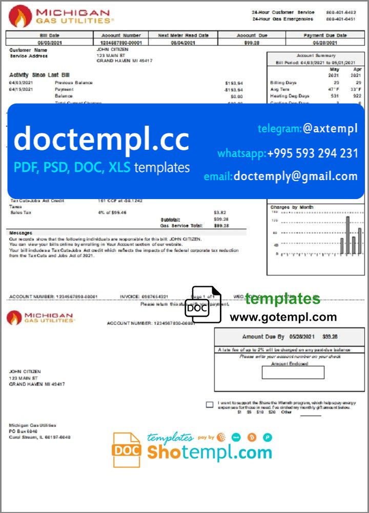 USA Michigan gas Utilities utility bill template in Word and PDF format