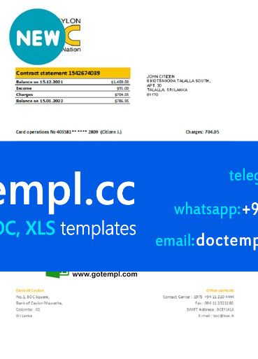 Sri Lanka Bank of Ceylon bank statement easy to fill template in .xls ...