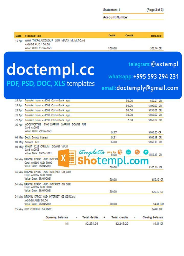 Australia Commonwealth bank statement template in Excel and PDF format (3 pages), version 2