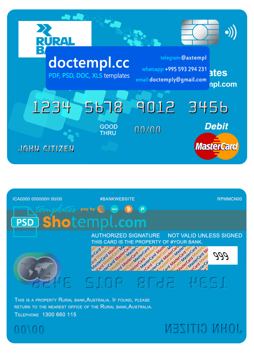 Australia Rural Bank mastercard debit card template in PSD format ...