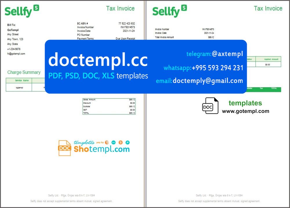 Latvia Sellfy tax invoice template in Word and PDF format, fully editable